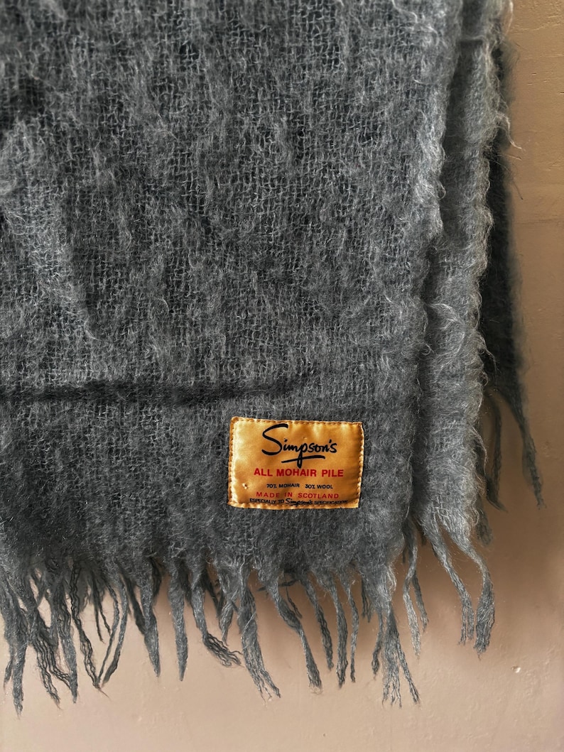 Vintage Simpson Mohair Pile Wool Blanket Throw Blue Scotland 70