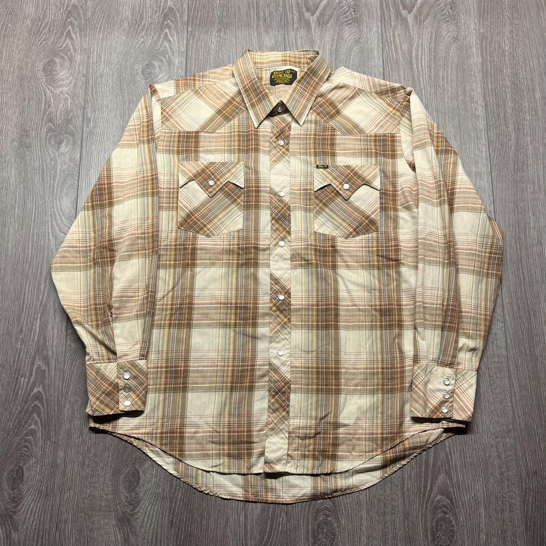Vintage Bar M Rancher Pearl Snap Plaid Western Shirt Cowboy Large Brown ...