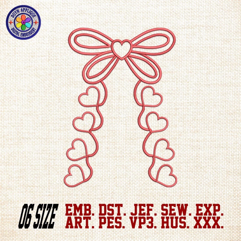 Side Bow Embroidery File, Bow Applique Embroidery, Hearts Applique ...