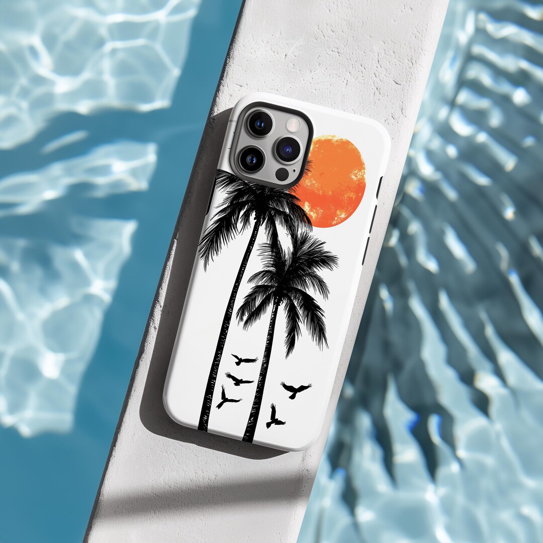 White Background Black Palm Trees Orange Sun Phone Case Tropical Sunset ...