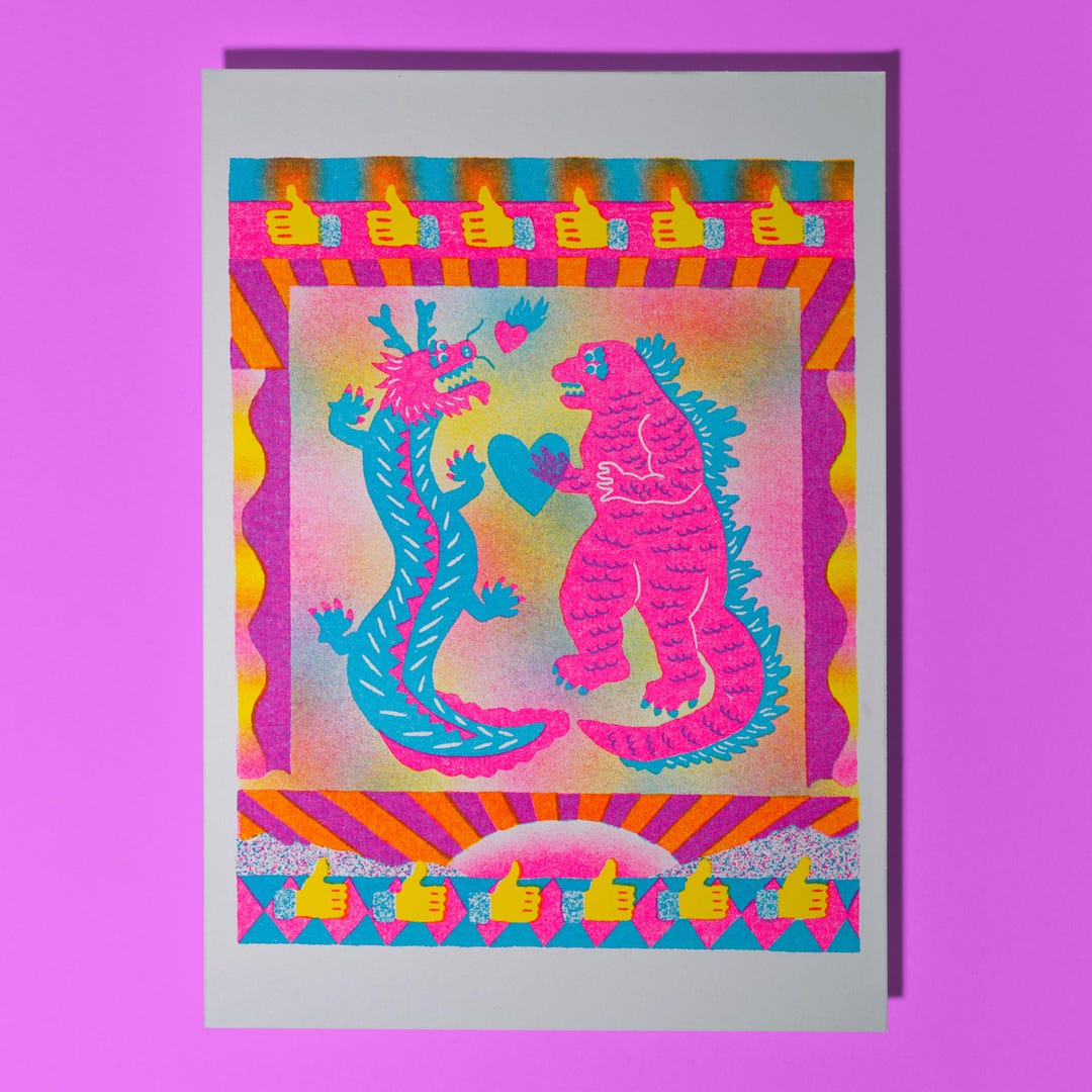 Godzilla Vs Dragon A5 Risograph Wall Art Print Love - Etsy
