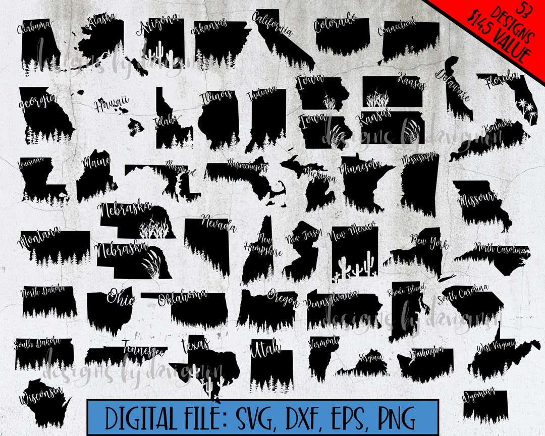 Digital Download - 50 State Bundle Cut File (svg, Dxf, Eps, Png ...