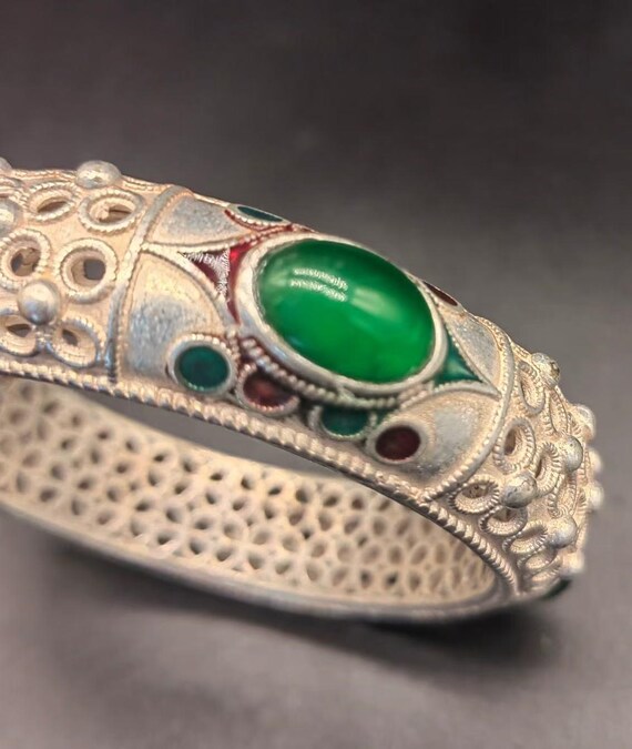 Hand carved Tibetan silver inlaid with jade bracelet/… - Gem