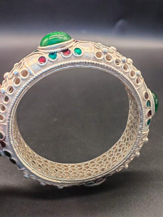 Hand carved Tibetan silver inlaid with jade bracelet/… - Gem