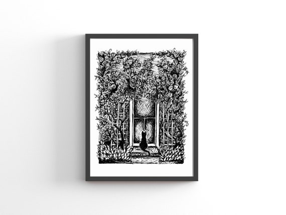 Cottage Cat Print Black Cat Print Cottage Art Black Cat | Etsy