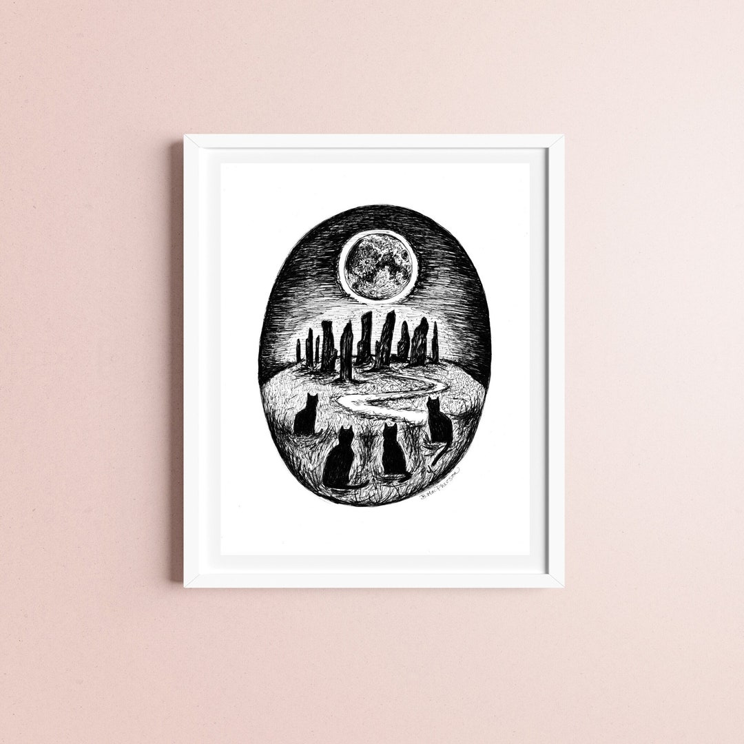 Full Moon Ritual Stone Circle & Black Cats Art Print - Etsy