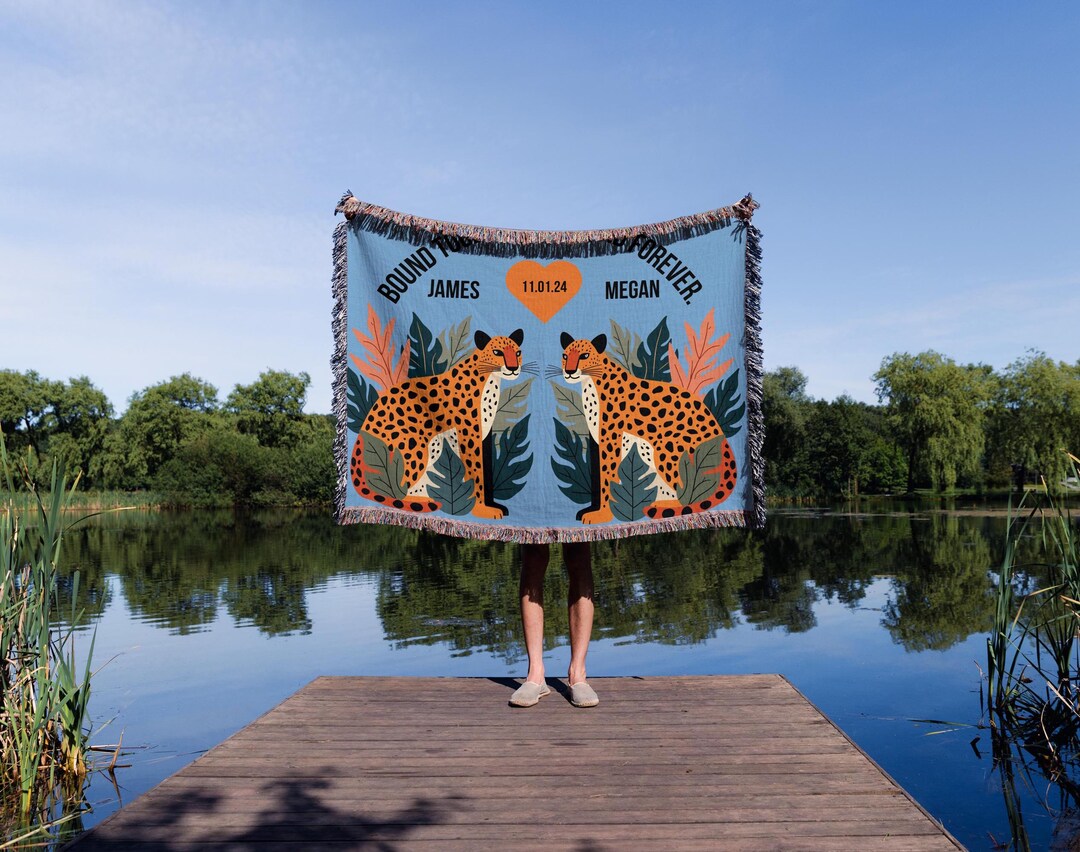 Personalized Cheetah Throw Blanket, Blue Woven Textile, Couples Gift ...