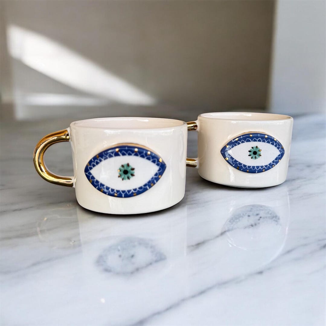 Set of 2 Handmade Pottery Mugs: Evil Eye Coffee Cups, 24K Gold Ceramic ...