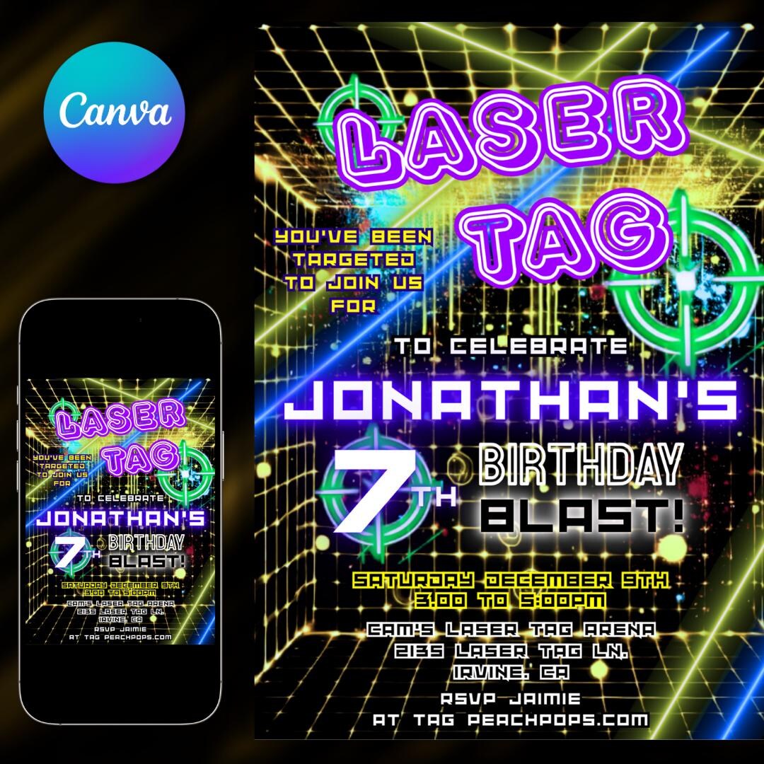 Editable Laser Tag Invitation Neon Laser Birthday Party Invitation Boys ...