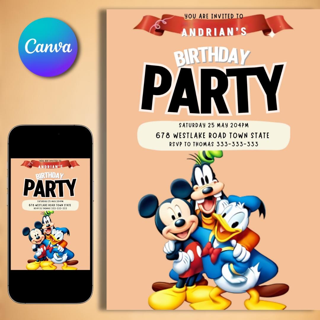 Editable Mouse Birthday Invitation Mouse Party Invitation Cartoon Theme ...