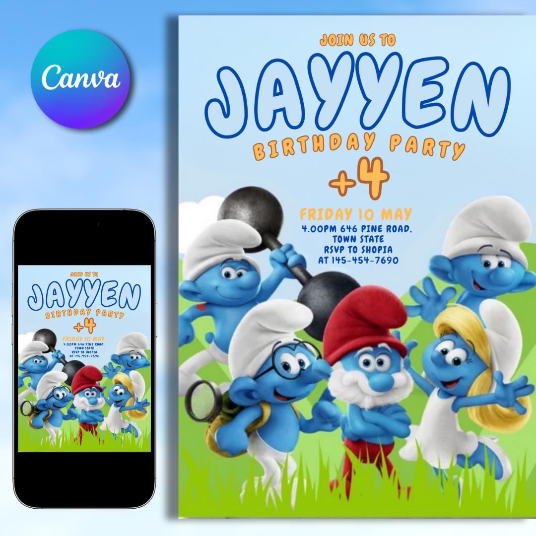 Editable Birthday Invitation Smurf Birthday Party Invitation Boys Girls ...