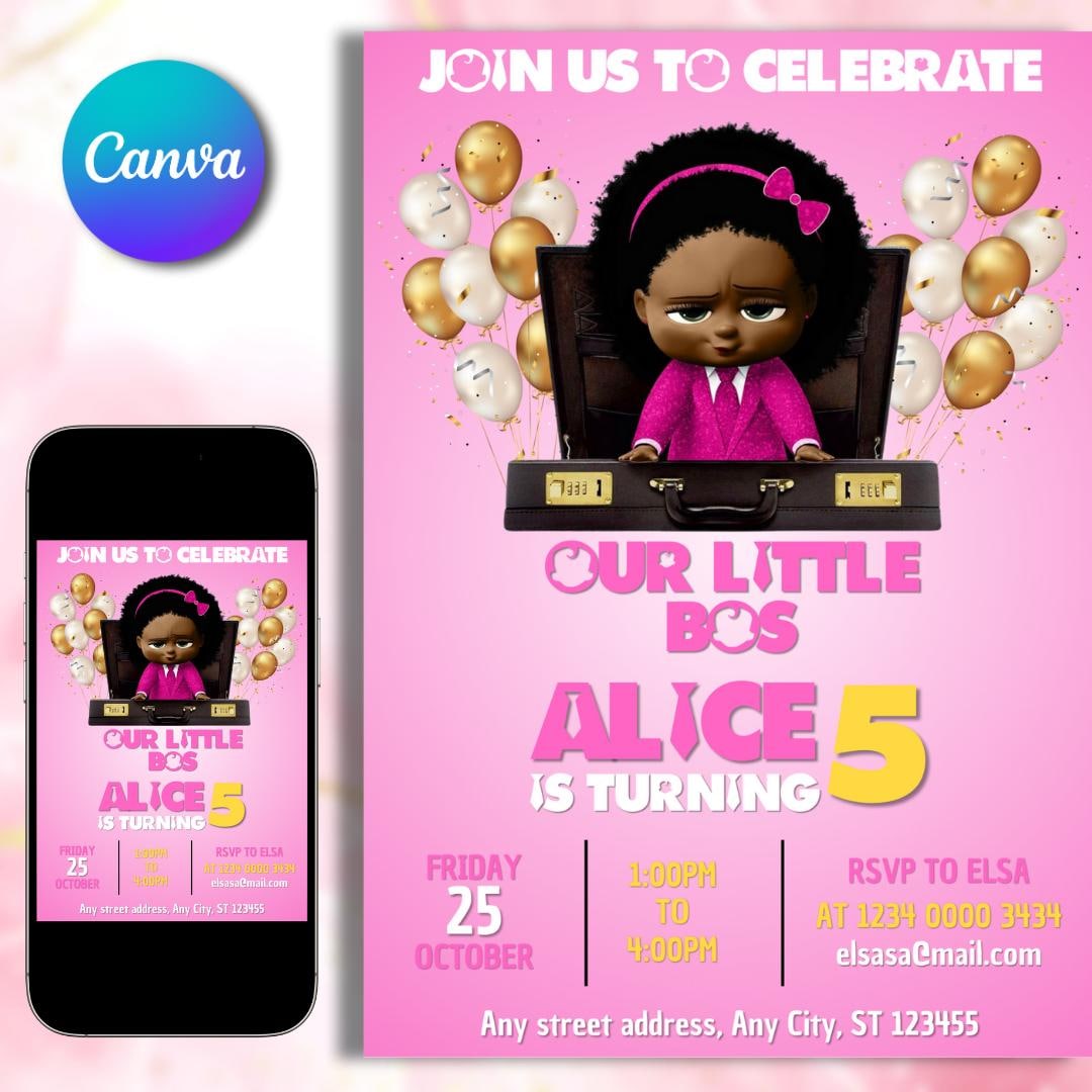 Baby Boss Birthday Invitation, Pink Theme Party Invite for Girls, Canva ...