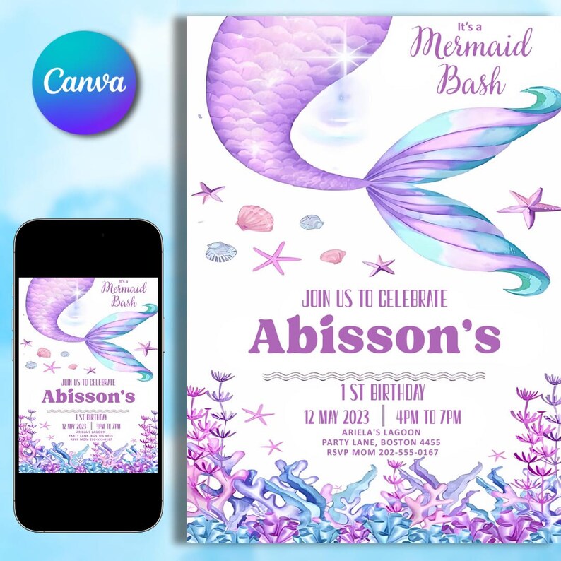 Mermaid Birthday Invitation Purple Mermaid Birthday Party Invitation ...