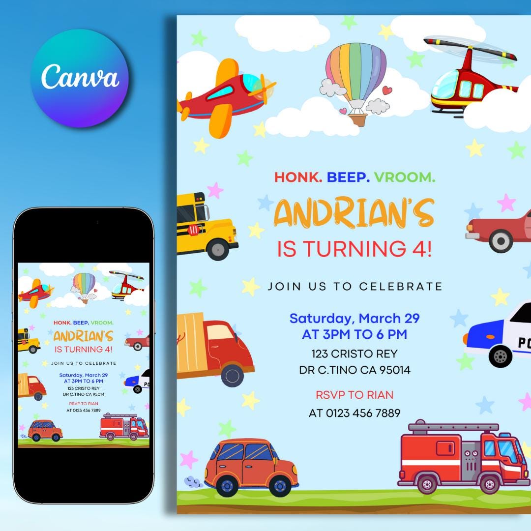 Transportation Birthday Invitation, Car, Truck, Train Theme Digital ...
