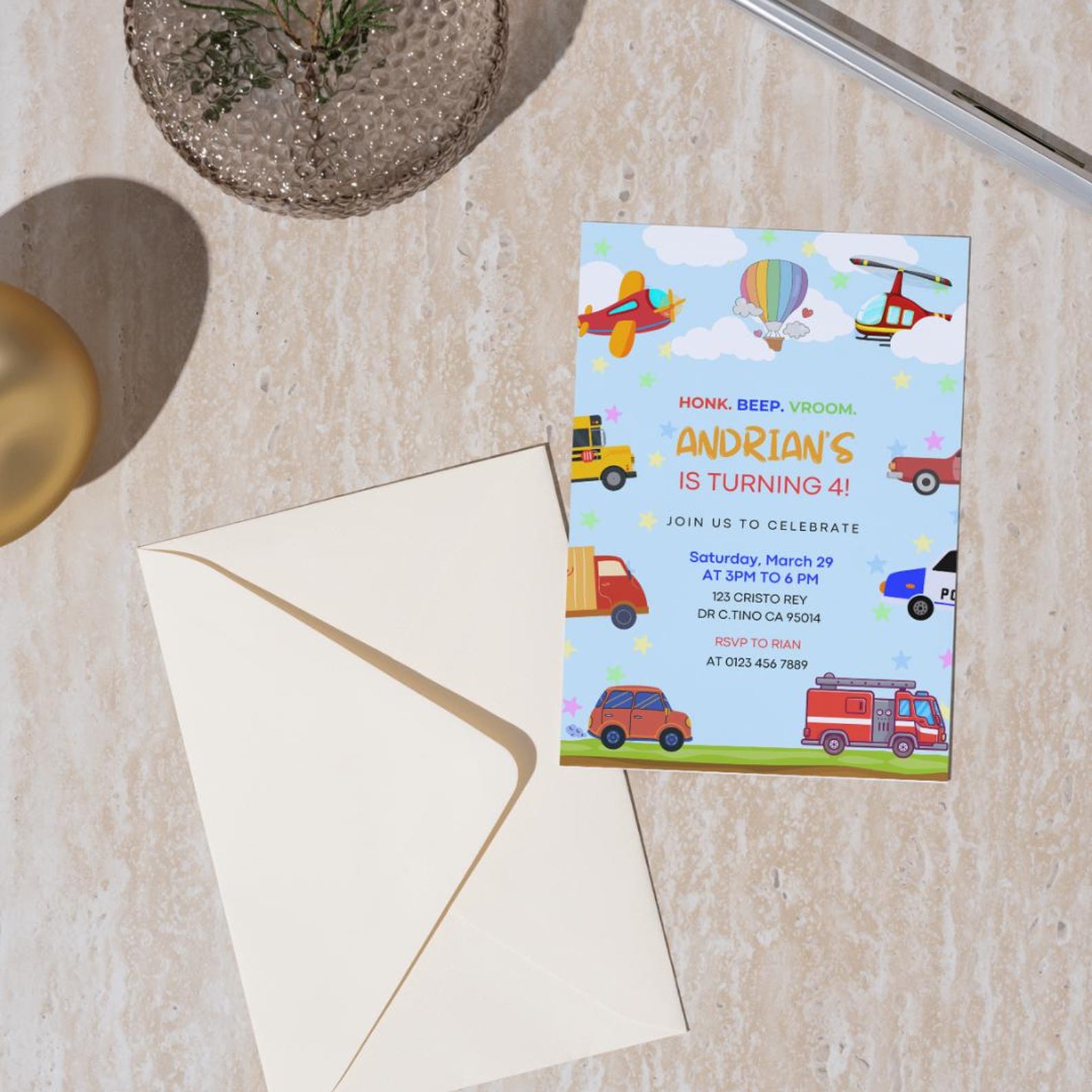 Transportation Birthday Invitation, Car, Truck, Train Theme Digital ...
