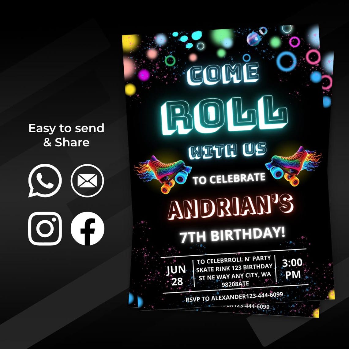 Editable Neon Birthday Invitation, Glow in the Dark Theme Invite Canva ...