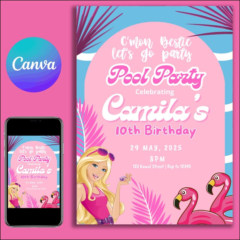 Pink Pool Party Birthday Invitation, Pink Fashion Doll Theme Invite ...
