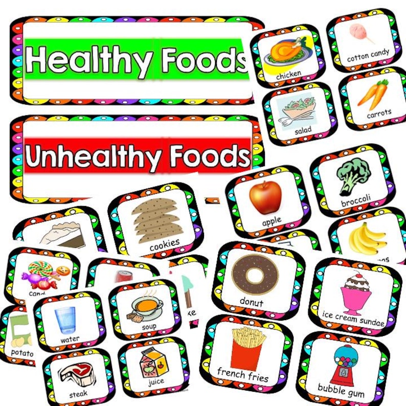 Healthy Vs. Unhealthy Foods, Food Pyramid-cut and Paste-writing, Print ...