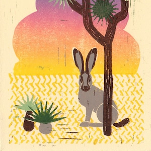 DESERT JACKRABBIT With Joshua Tree - Original Illustration Linocut ...