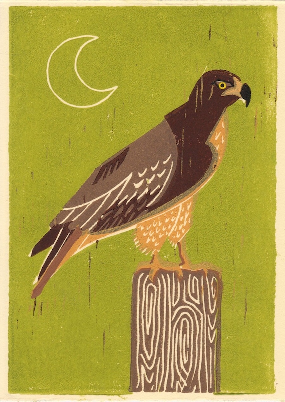 RED TAILED HAWK Original Oil Paint Linocut Art Print 5 X 7 - Etsy