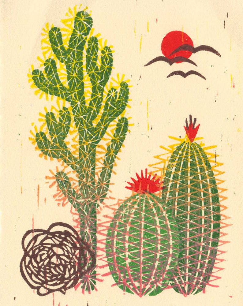 BARREL CACTUS Tumbleweed Art Print: 4 X 6 5 X 7 Linocut | Etsy