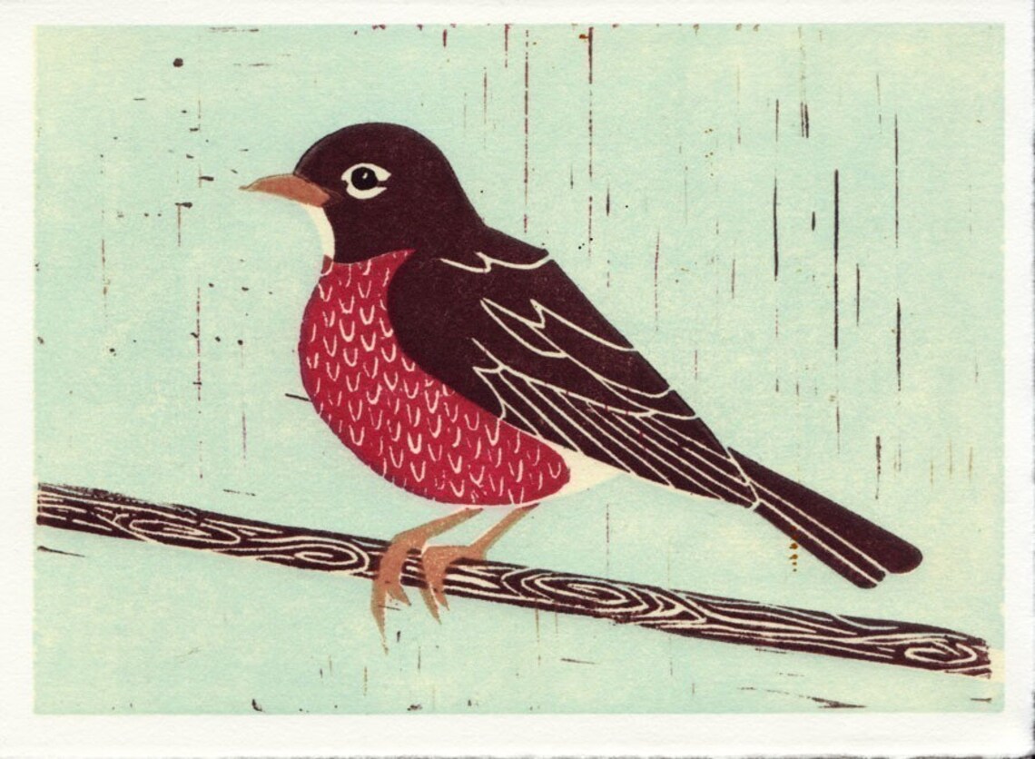AMERICAN ROBIN Linocut Reproduction Art Print: 4 x 6 5 x 7 | Etsy