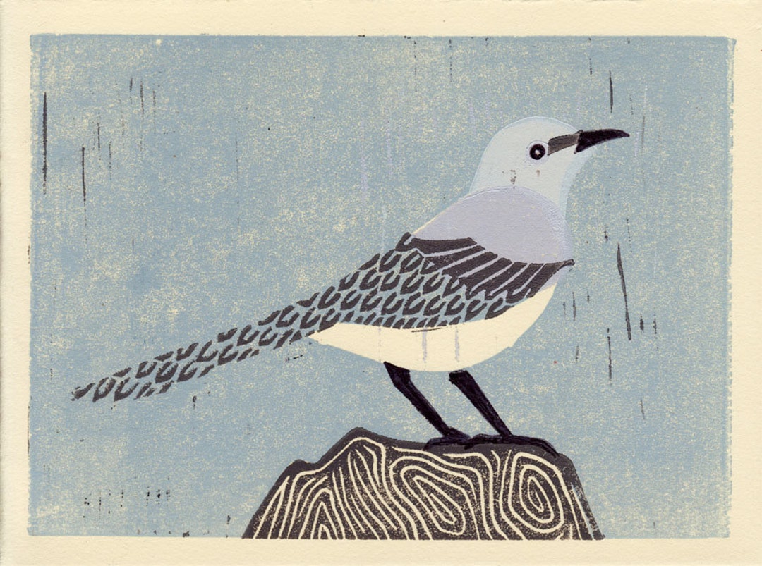 MOCKINGBIRD Original Handmade Linocut Oil Paint Art Block Print With ...