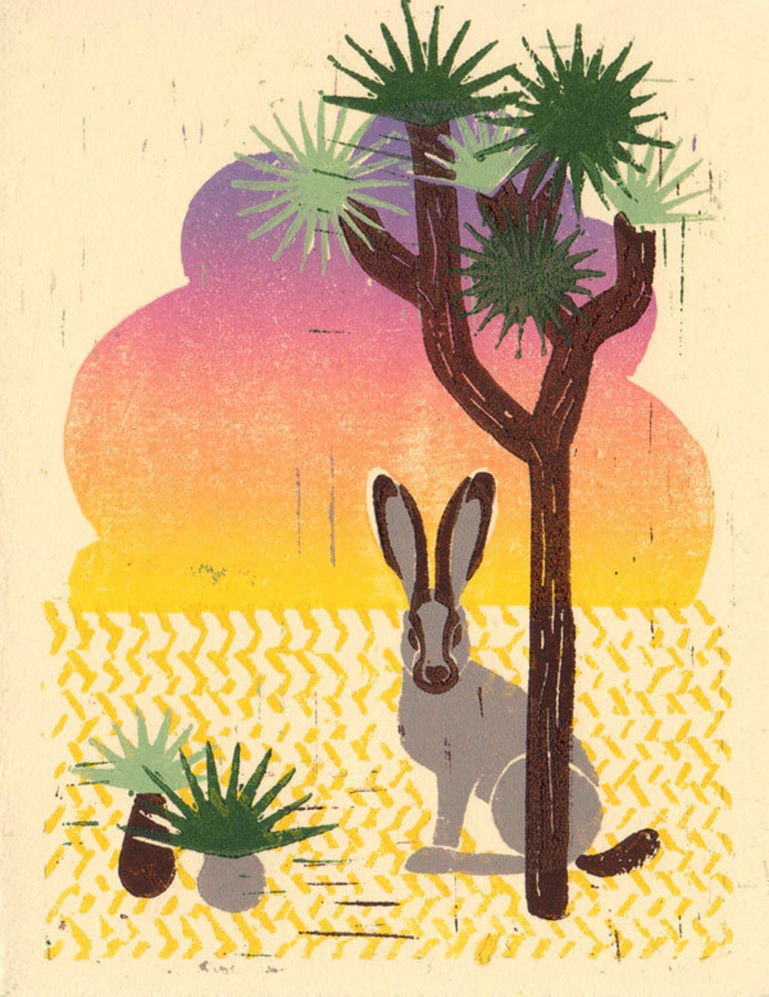 DESERT JACKRABBIT With Joshua Tree - Original Illustration Linocut ...