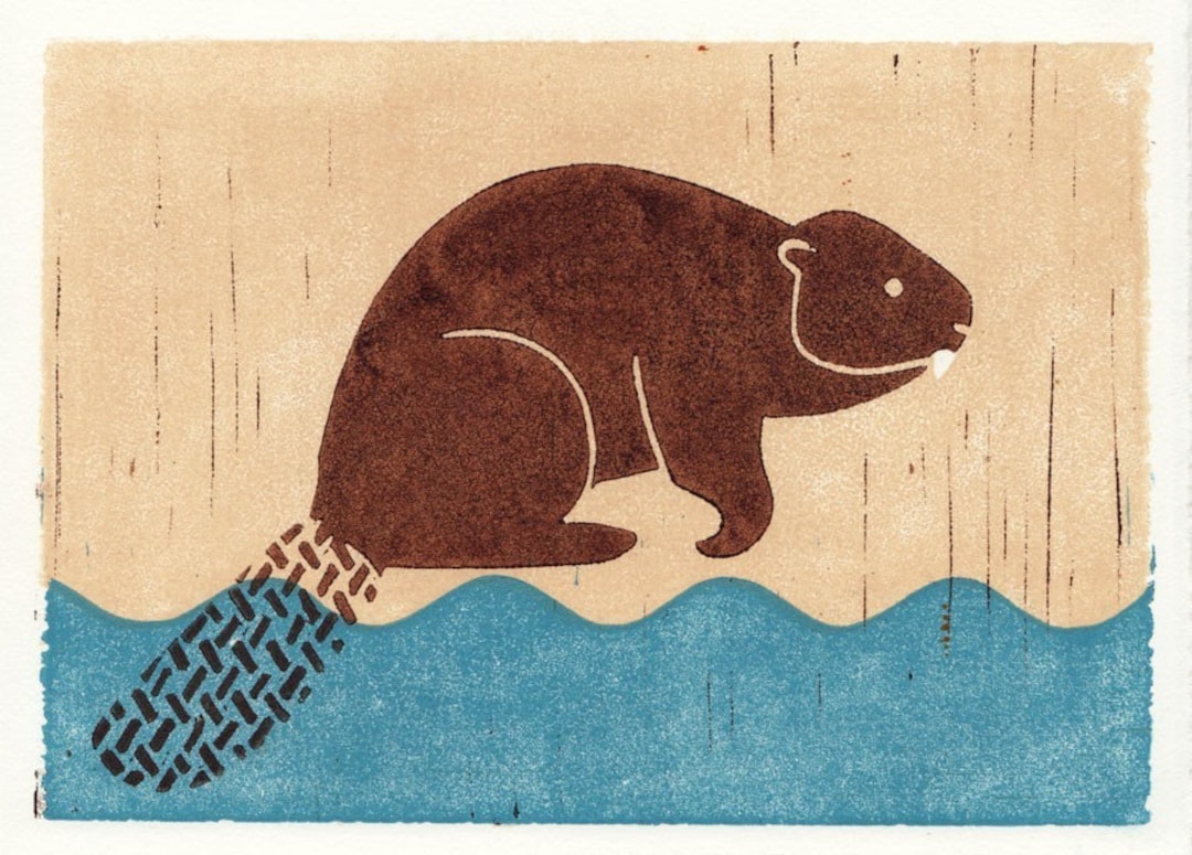BEAVER - Original Hand-pulled Linocut Block Art Print, Brown, Blue ...