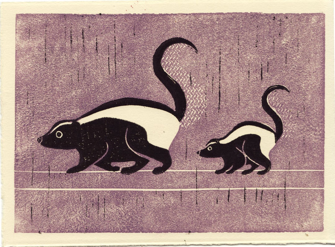 SKUNKS - Original Hand-carved Linocut Block Art Print, Woodland ...