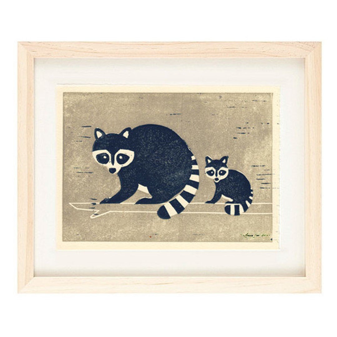 RACCOONS Linocut Reproduction Art Print: 4 X 6, 5 X 7 - Etsy
