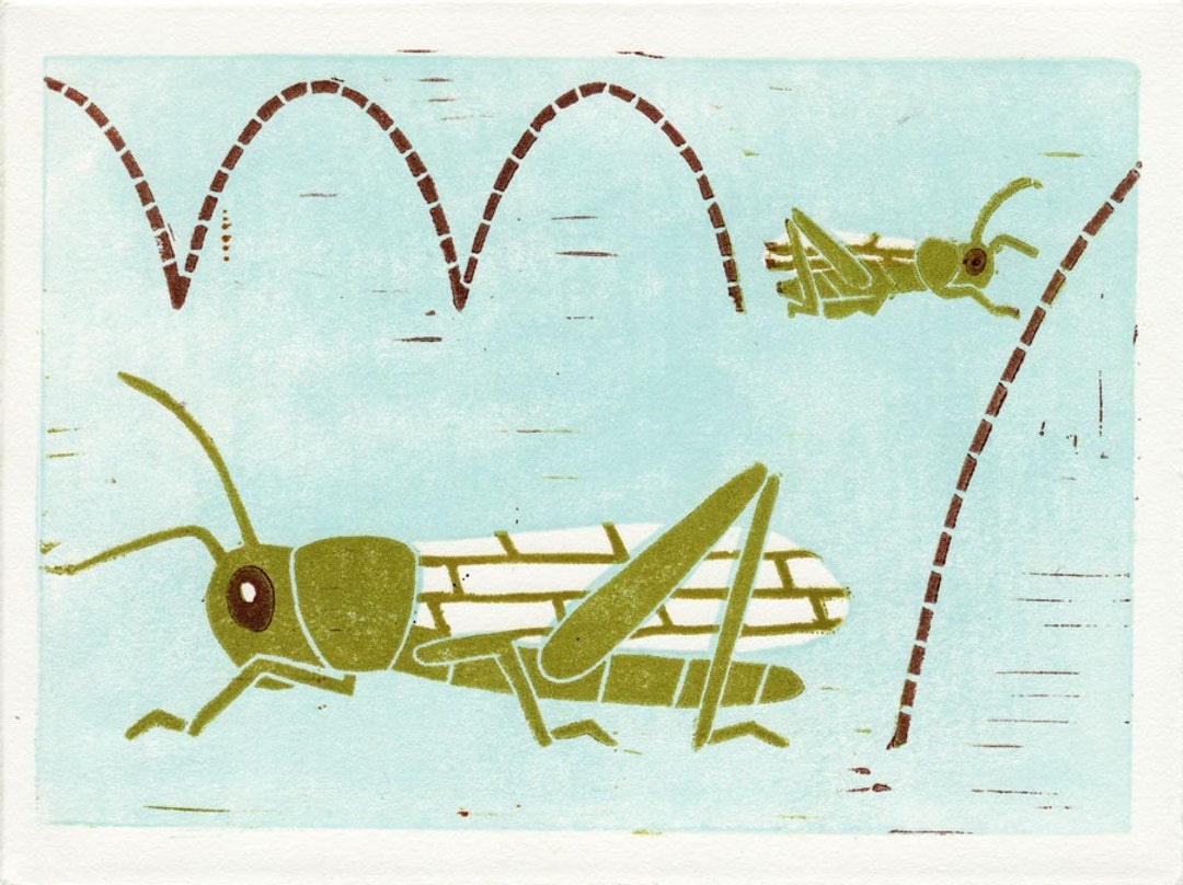 GRASSHOPPERS - Original Linocut Hand Pulled Block Art Print 5 X 7 ...