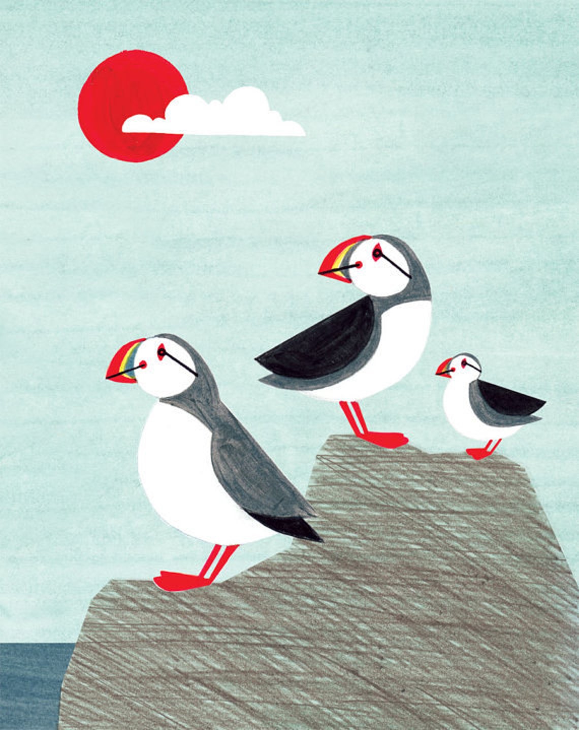Puffin Family 5 X 7 Light Blue and Sun Illustration Archival Art Print ...