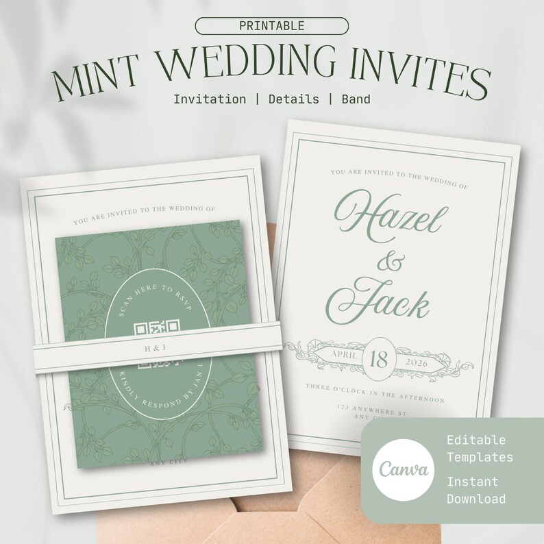 Mint Green Wedding Invitation Template: Botanical QR Code RSVP (canva ...