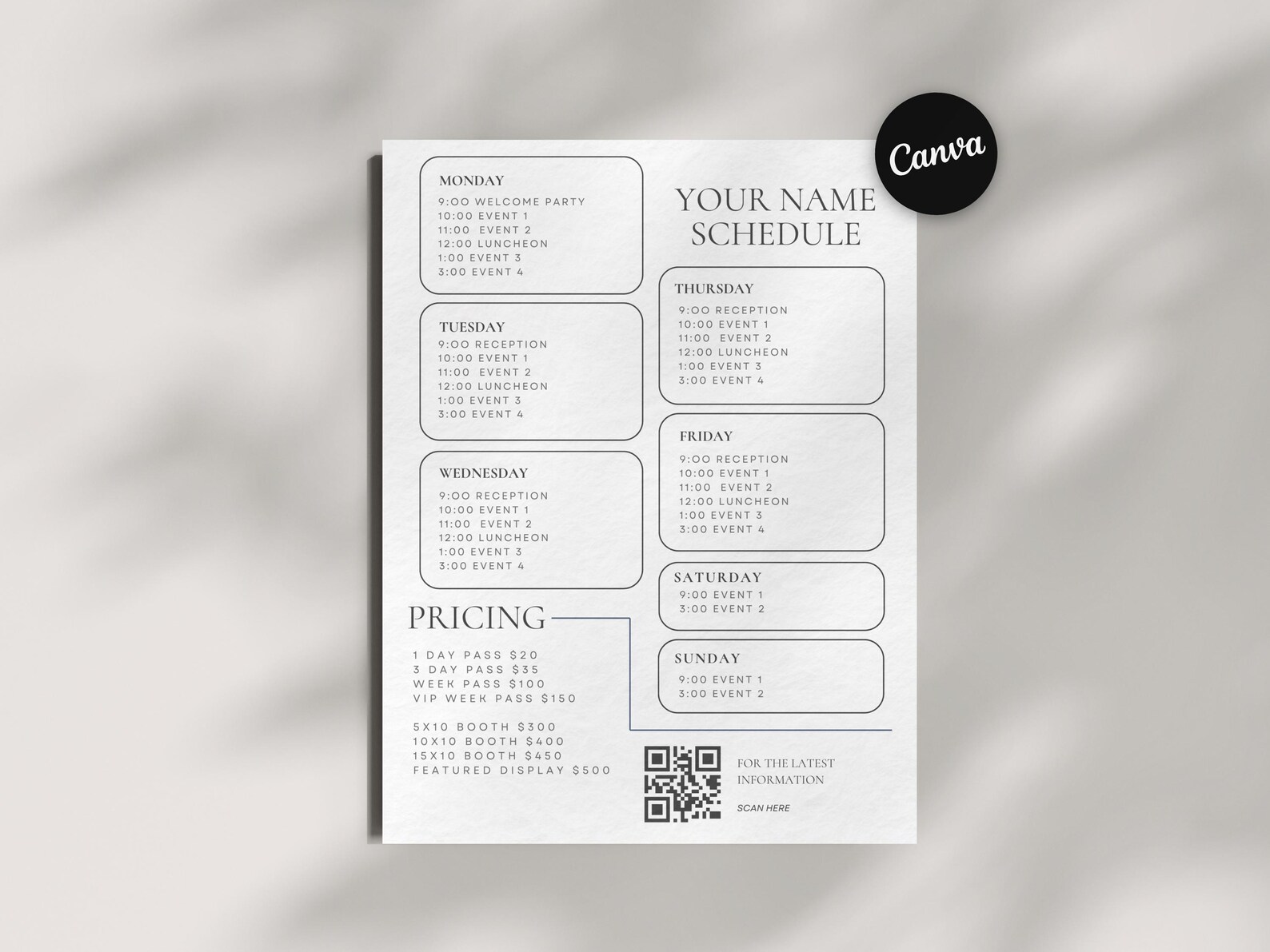 Minimalist Event Schedule Template: Canva Conference Agenda (QR Code ...