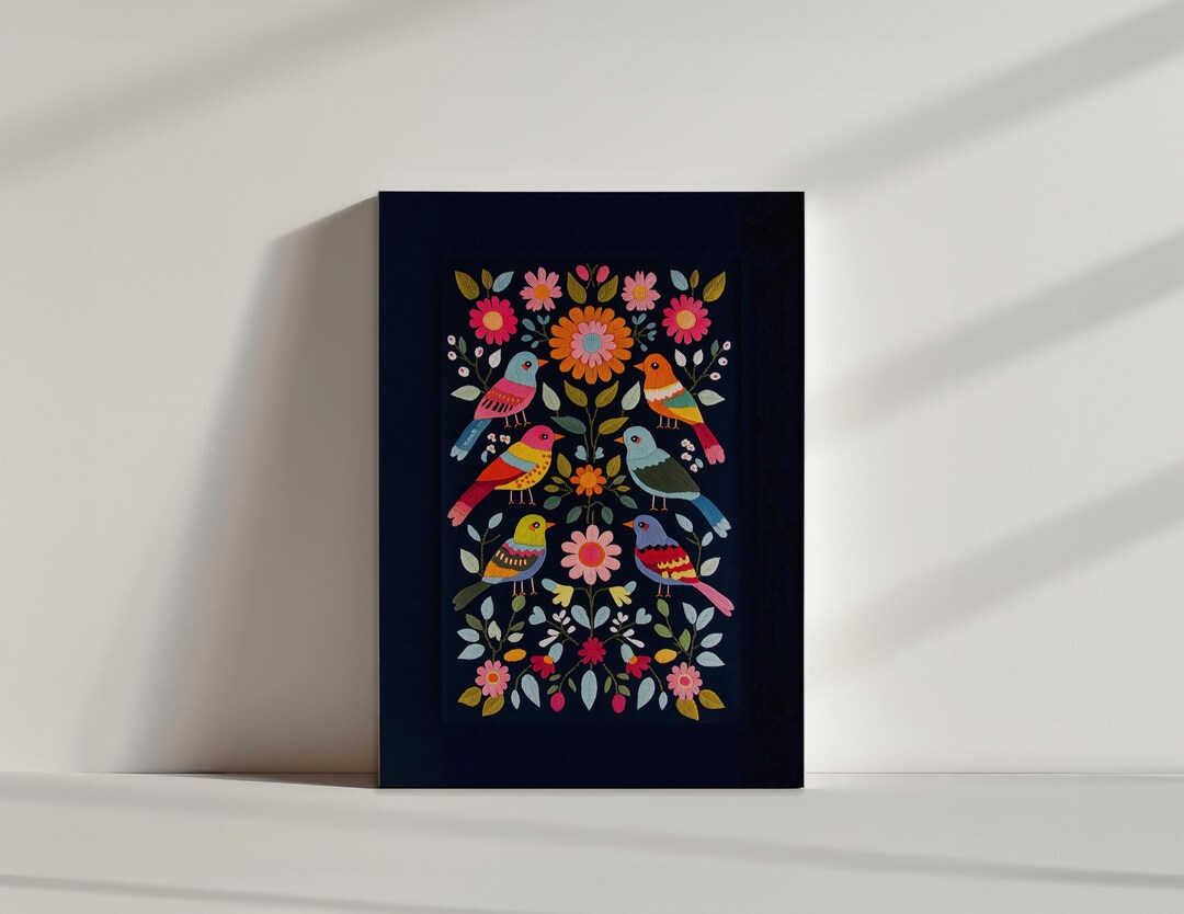 Otomí-inspired Canvas Art - Folk-style Birds & Floral Motifs - Nautical ...