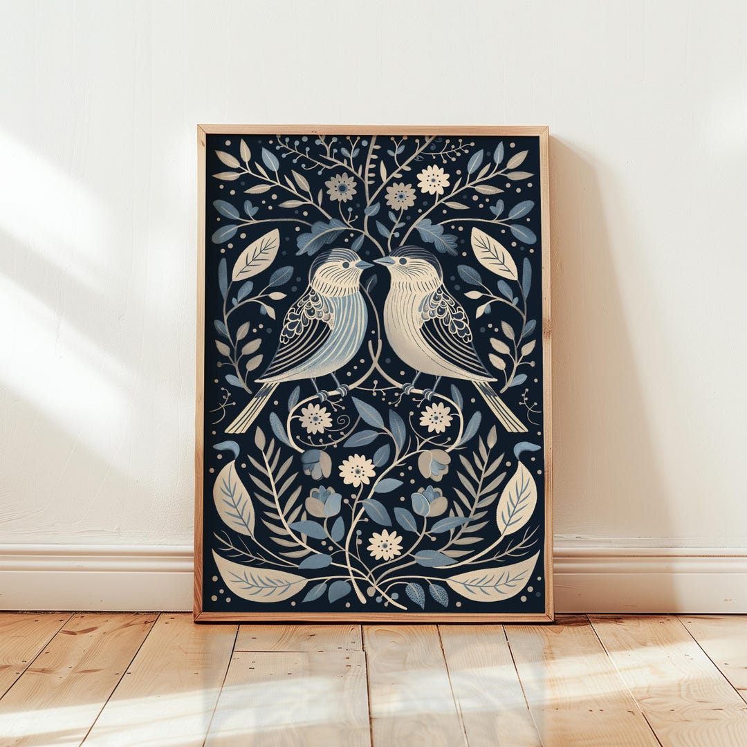 Folk Art Blue Bird Poster – Botanical Night Unframed Matte Print - Etsy