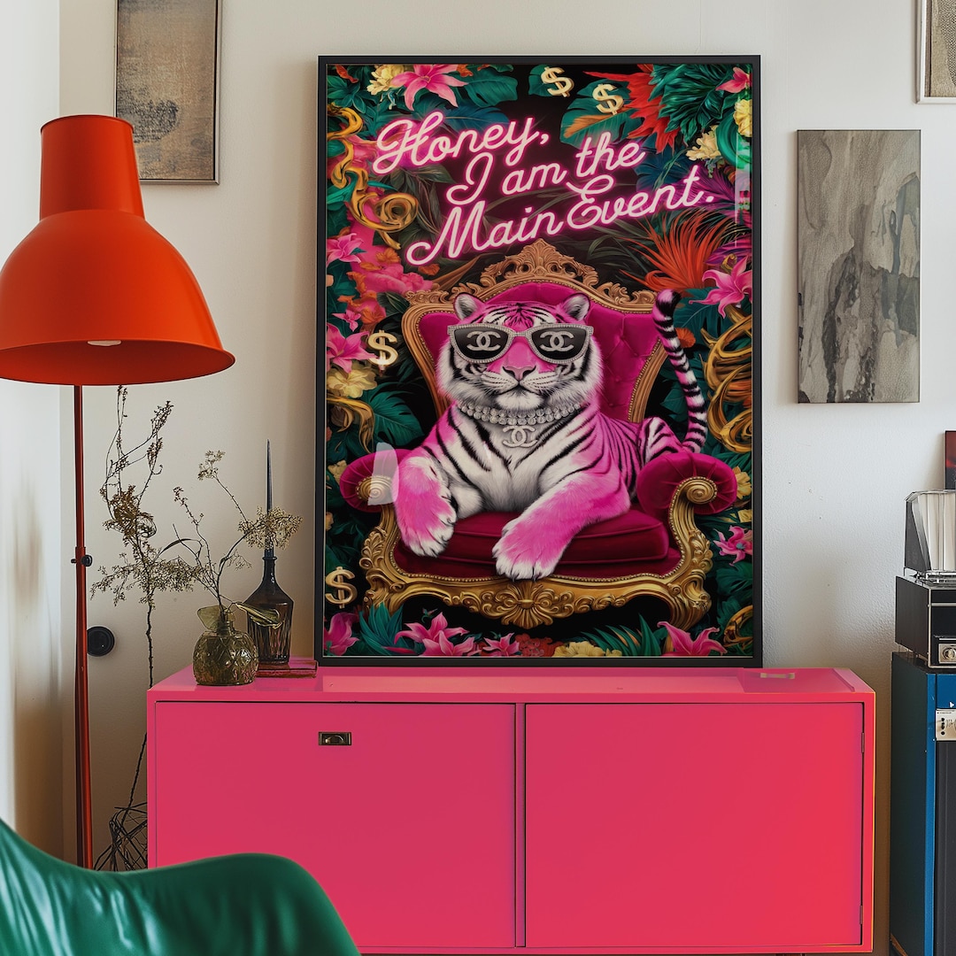 Neon Pink Tiger Poster - Bold Pop Art Throne Decor - Luxury Jungle Wall ...