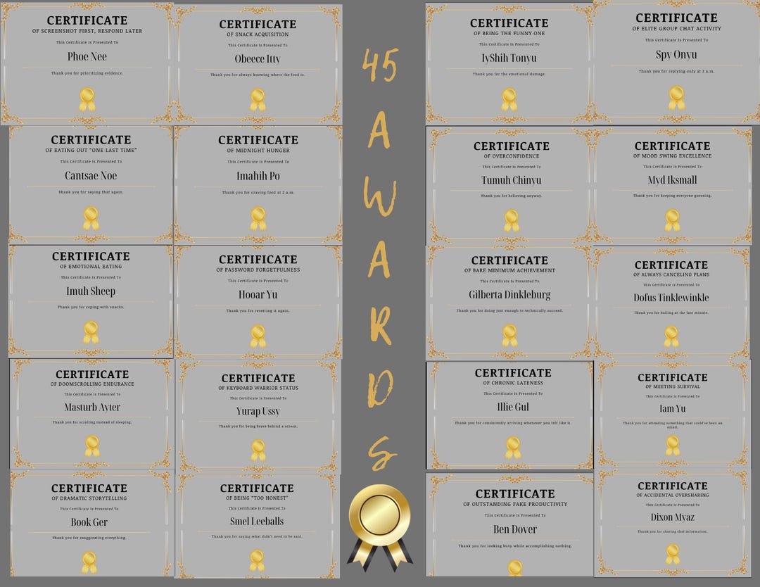 Funny Certificate Awards Printable | Sarcastic Certificates Bundle ...