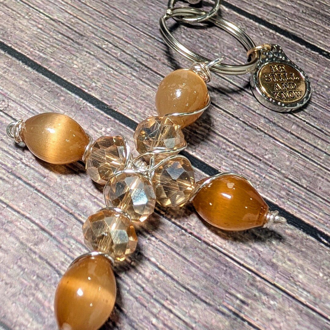 Cross Keychain -amber Colors Beaded Wire Wrapped - Etsy