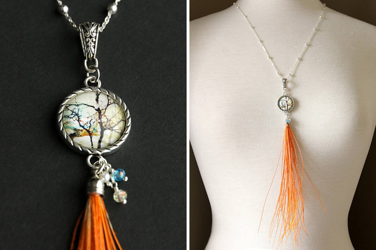 Orange Feather Tassel Necklace. Autumn Tree Necklace. Orange | Etsy