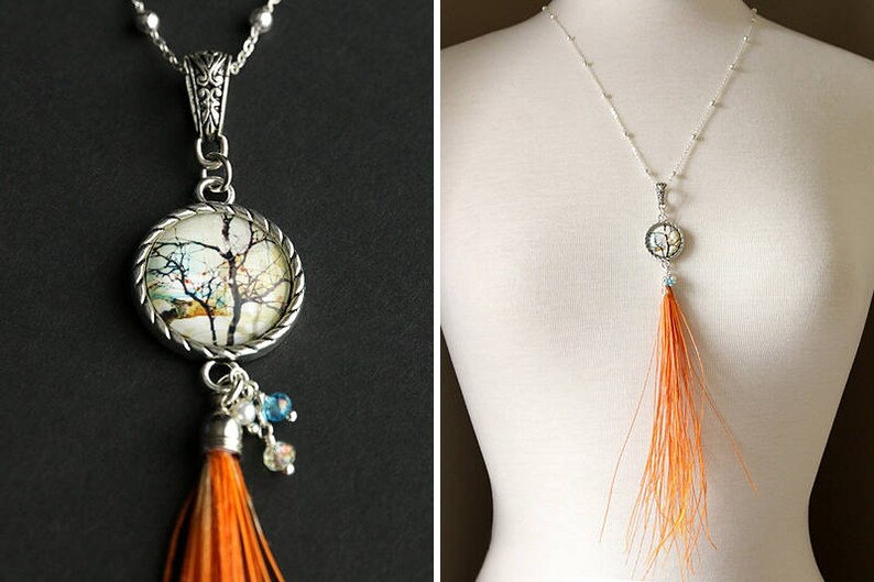 Orange Feather Tassel Necklace. Autumn Tree Necklace. Orange Necklace ...