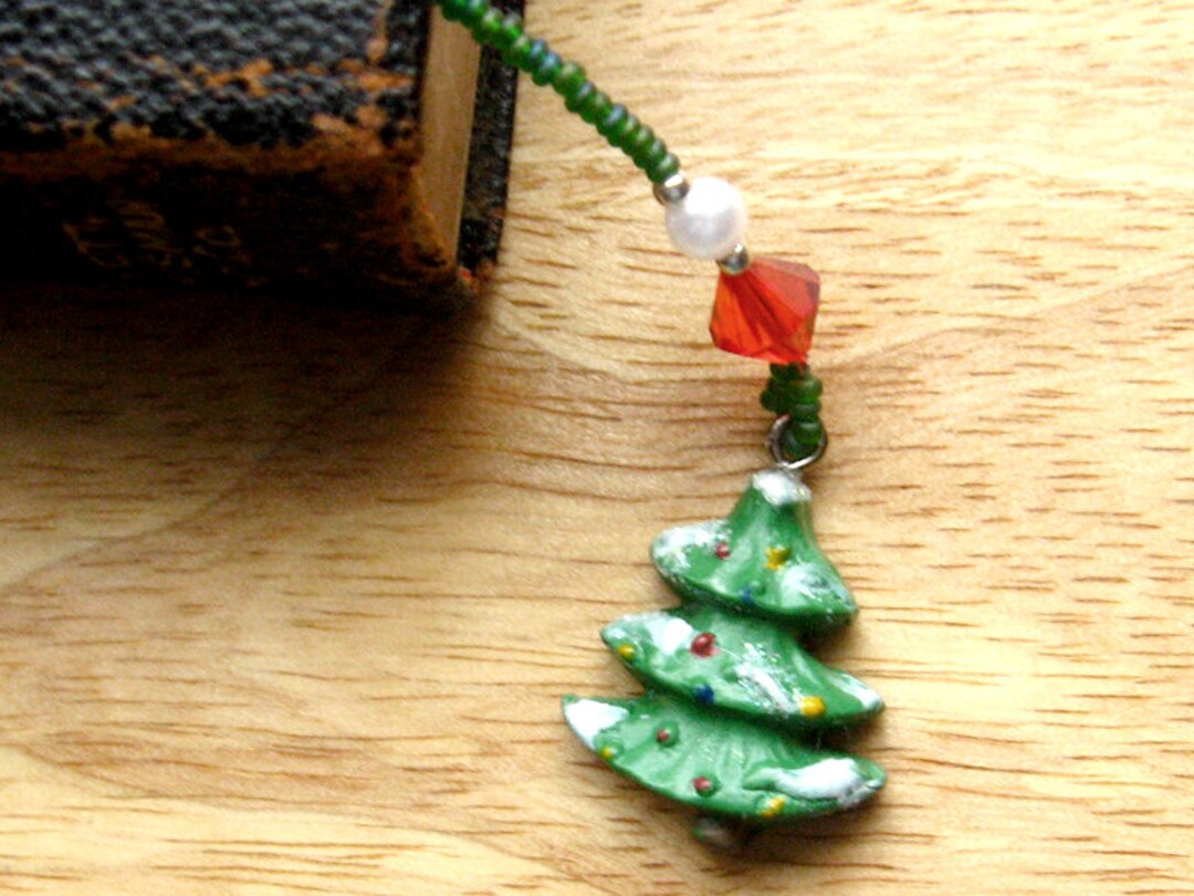 Snowy Tree Bookmark. Red and Green Beaded Bookmark. Yule Tree Book ...
