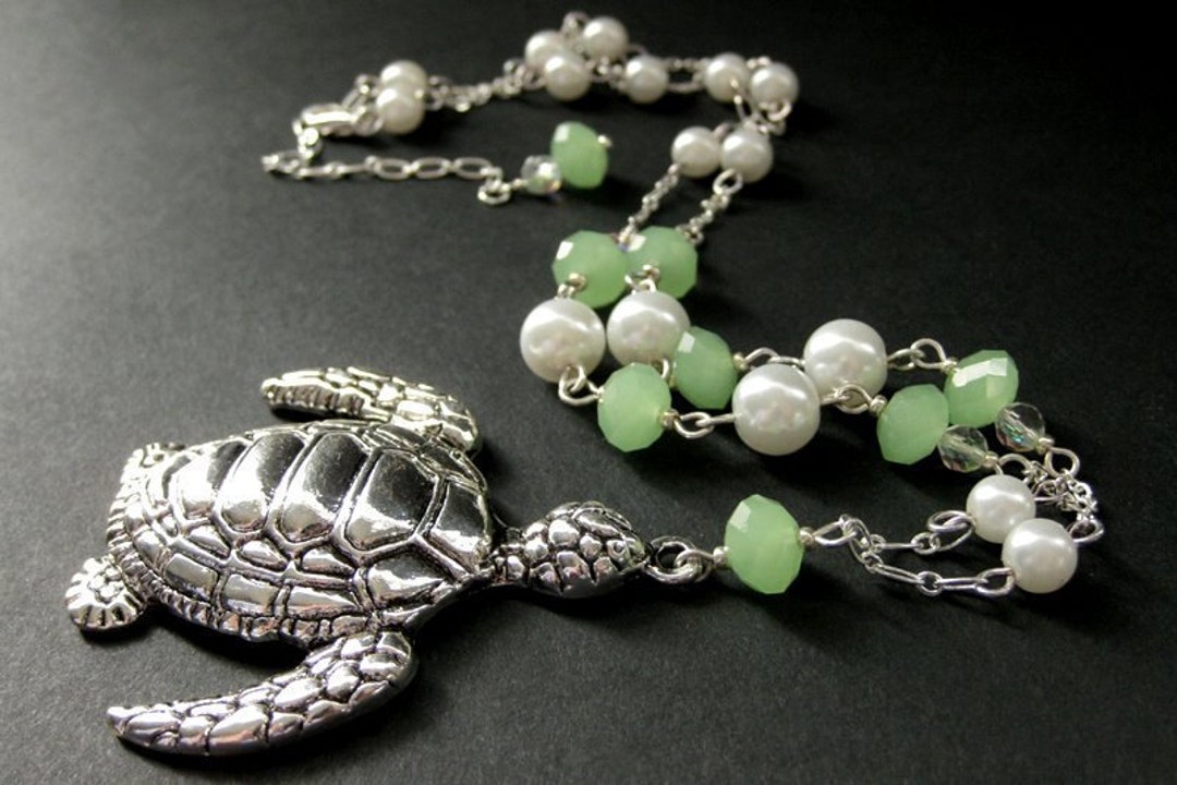 Silver Turtle Necklace. Sea Tortoise Necklace. Aqua Crystal Necklace ...