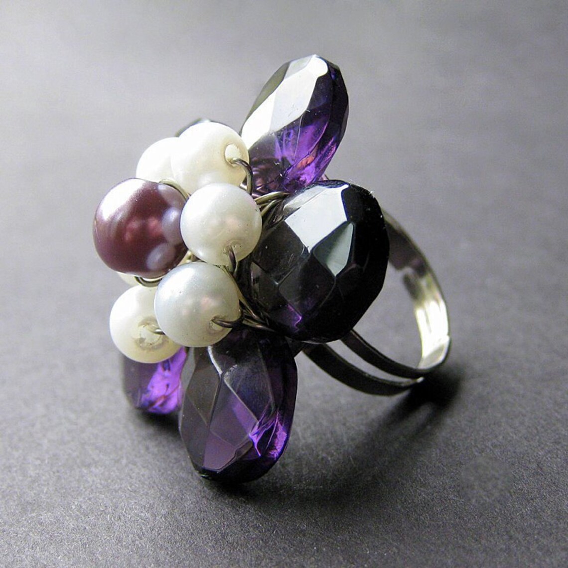 Purple Crystal Flower Ring With Pearls. Handmade Jewelry by - Etsy