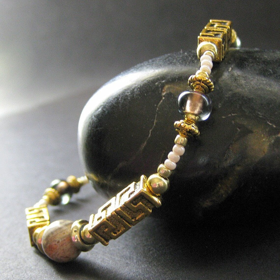 Rhodonite Gemstone Bracelet Aztec Gold. Handmade Bracelet. - Etsy