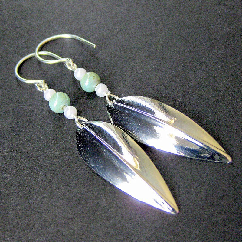 Silver Leaf Earrings: Beaded Earrings in Aqua Ceramic Beads. Handmade ...