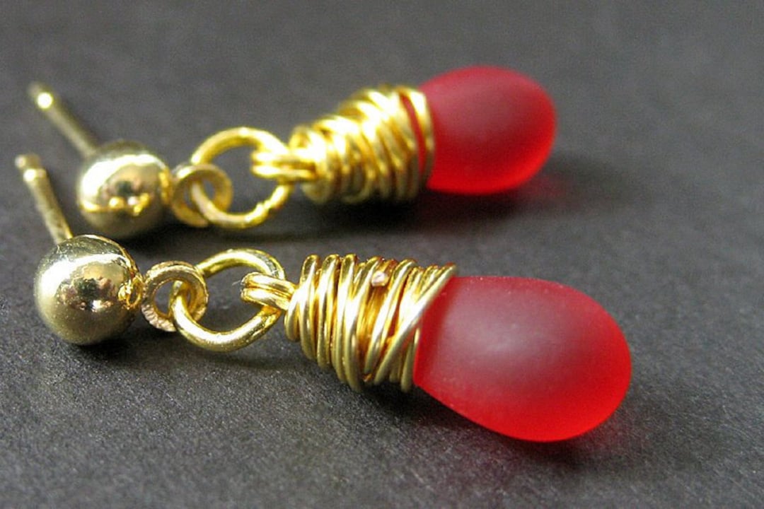 Red Earrings Wire Wrapped Teardrop Dangle Stud Earrings. Handmade ...