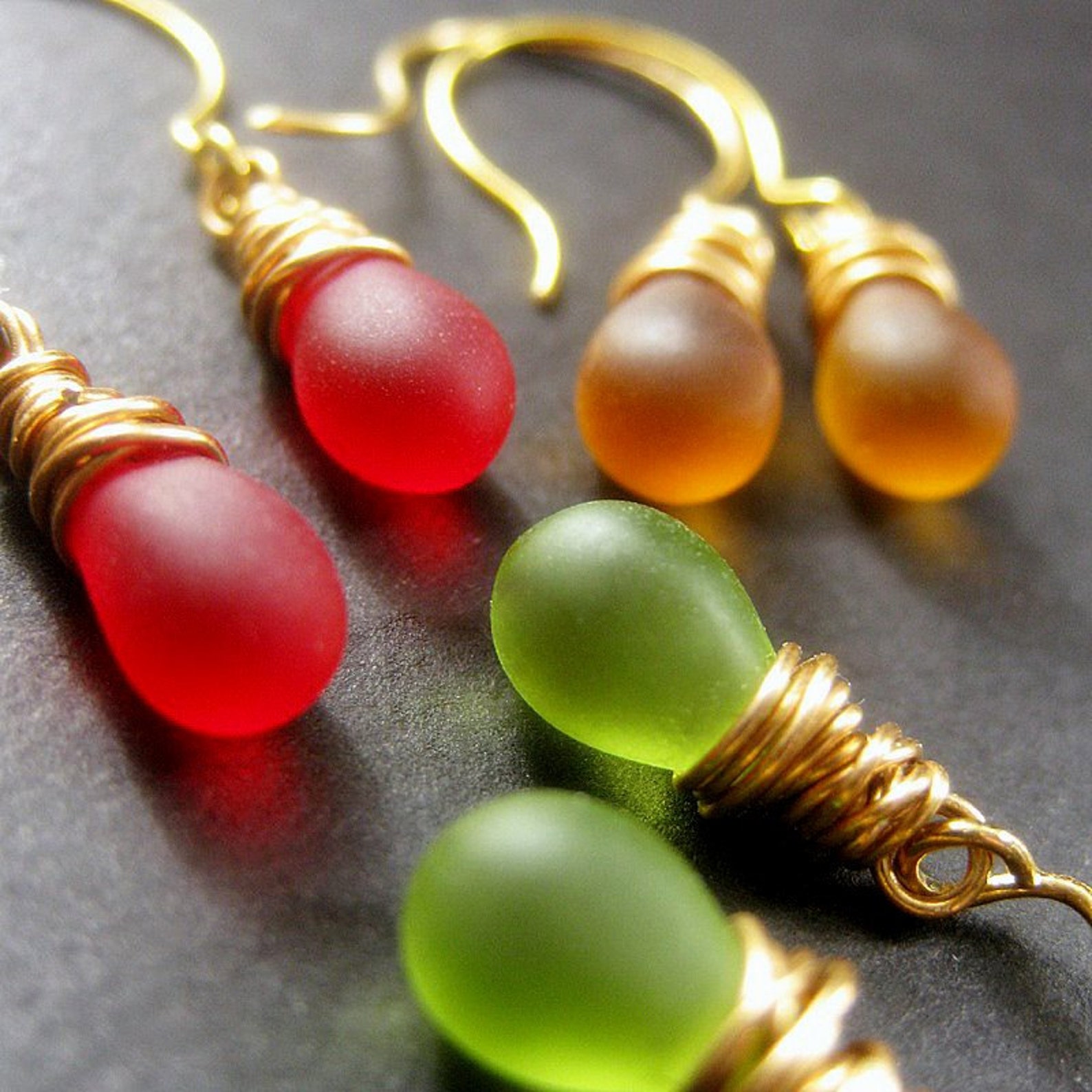 Fall Colors Teardrop Earrings Set of Three Wire Wrapped Gold - Etsy