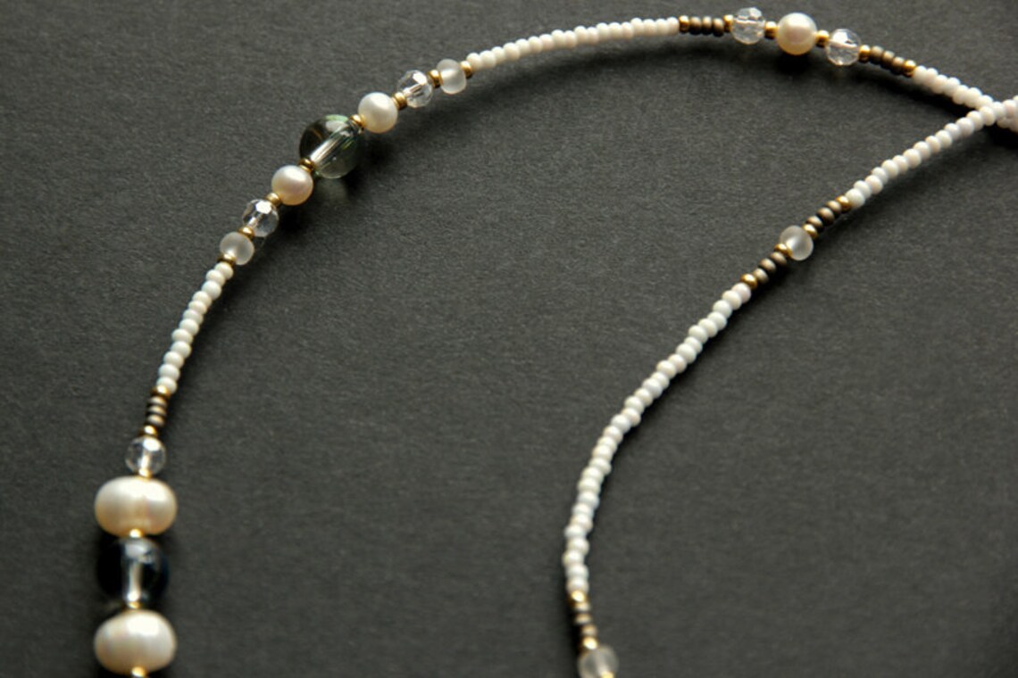 Badge Necklace or Eyeglass Leash. Taupe Lanyard. Pearl - Etsy